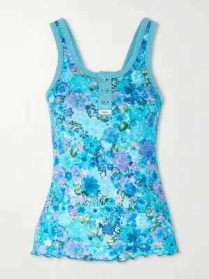 Chloé Floral Print Ribbed Stretch Cotton Tank - Blue