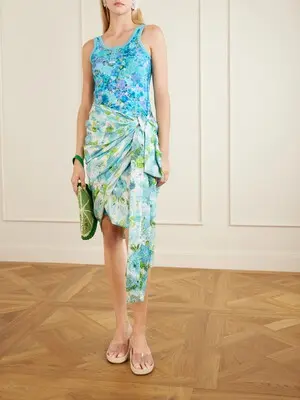 Chloé Floral Print Ribbed Stretch Cotton Tank - Blue