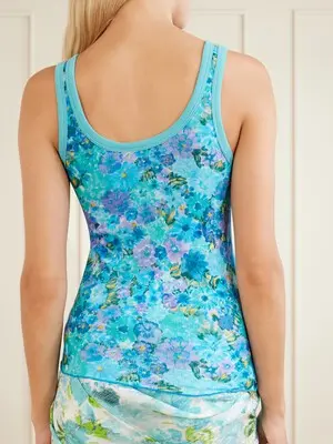 Chloé Floral Print Ribbed Stretch Cotton Tank - Blue