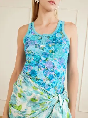 Chloé Floral Print Ribbed Stretch Cotton Tank - Blue