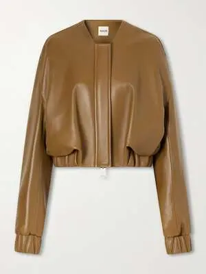 Khaite Cordan Cropped Leather Bomber Jacket Beige