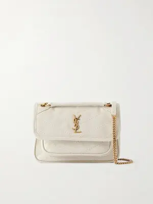 Saint Laurent Niki Mini Cassandre-embellished Crinkled-leather Shoulder Bag - White