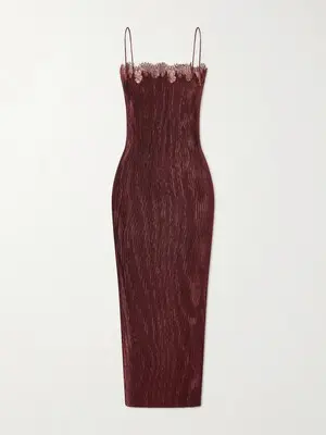 FFORME Lumie Lace-trimmed Pleated Midi Dress - Burgundy