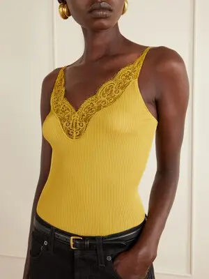 Saint Laurent Lace-trimmed Ribbed Silk-jersey Tank - Yellow