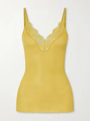 Saint Laurent SAINT LAURENT Lace-Trimmed Ribbed Silk-Jersey Tank Yellow