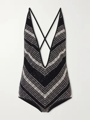Missoni Missoni Striped Metallic Crochet Knit One-Piece Black