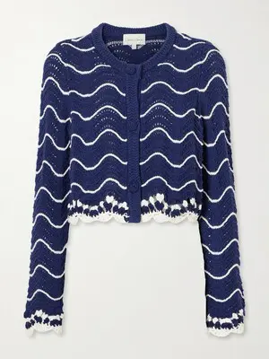 Cara Cara Louise Scalloped Striped Cotton Knit Cropped Cardigan - Blue