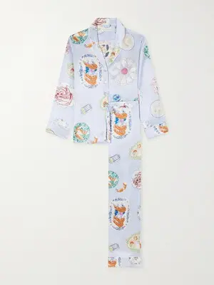 Olivia Von Halle Lila Printed Silk-satin Pajama Set - Blue