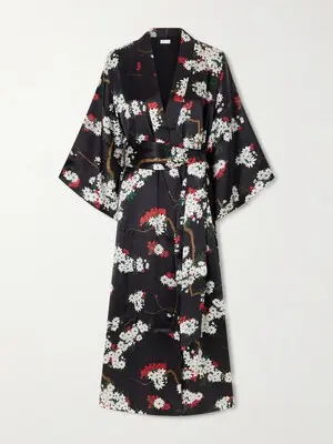 Olivia Von Halle Queenie Belted Floral-printed Silk-satin Robe - Black