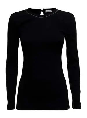 Brunello Cucinelli Cotton Long Sleeve T-shirt With Monile Detail - Black