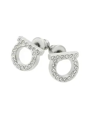 FERRAGAMO Gancini Design Earrings With Rhinestone Embellishments In Brass - Silver
