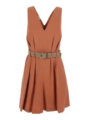 Brunello Cucinelli Cotton Pleated Midi Dress With Monili Detail Belt - Multicolor
