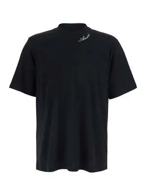 Amiri Crew Neck T-shirt With Wide Short Sleeves And Logo Lettering Embroidery On The Neck In Tech Fabric For - Black