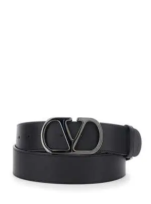Valentino Garavani Black Belt With Vlogo Plaque Closure On The Front In Leather For - Multicolor