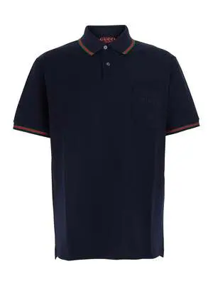 Gucci Blue Polo With Web Detail And Logo Lettering On The Front In Cotton For - Multicolor