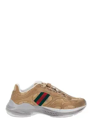 Gucci GUCCI Beige Suede And GG Canvas Low Top Sneakers With Web Detail Multicolor