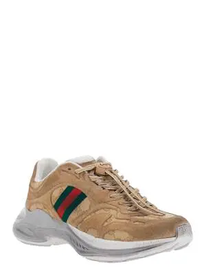 Gucci Beige Suede And Gg Canvas Low Top Sneakers With Web Detail - Multicolor