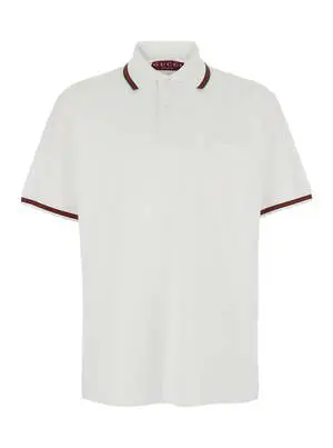 Gucci Polo Shirt With Web Detail On Collar And Sleeves And Tone-on-tone Logo Lettering On The Front In Cotton For