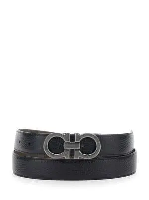 FERRAGAMO Reversible Belt With Gancini Buckle In Grained Leather - Black