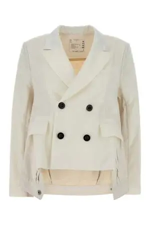 Sacai Ivory Twill And Denim Blazer - White