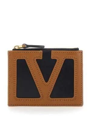 Valentino Garavani Valentino Garavani Men Brown Card Holder With Contrasting Maxi Vlogo On The Front And Coin Purse With Zip In Leather For Men Multicolor