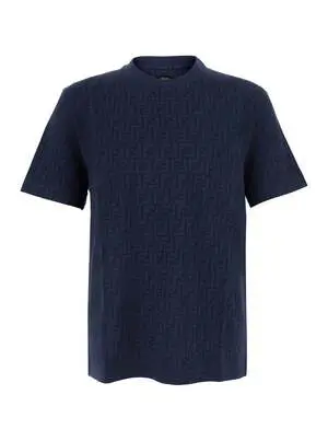 Fendi Blue Crew Neck T-shirt With Ff All-over Motif In Cotton For - Multicolor