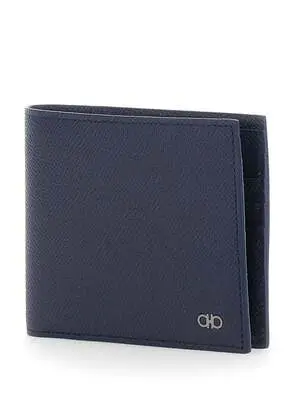 FERRAGAMO Micro Gancini' Blue Bi-fold Wallet With Logo In Grained Leather - Multicolor