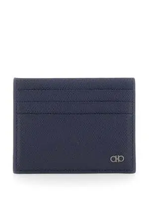 FERRAGAMO Blue Card Holder With Micro Gancini On The Front And Logo Lettering On The Back In Grained Leather For - Multicolor