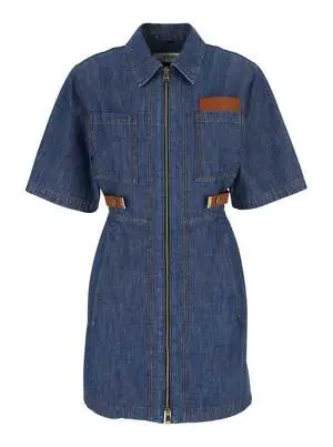 Fendi Denim Dress With Leather Logo Patch - Multicolor