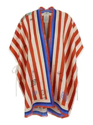 Fendi Cape With V-neck And All-over Pequin Postcard Striped Motif In Silk For - Multicolor