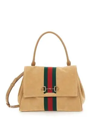 Gucci GUCCI Horsebit Web Suede Top Handle Bag Cream