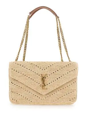 Saint Laurent Loulou' Beige Shoulder Bag With Cassandre Plaque On The Front In Raffia For - Multicolor