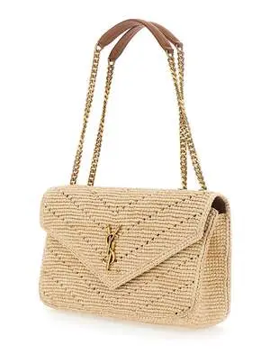Saint Laurent Raffia Shoulder Bag With Cassandre Plaque