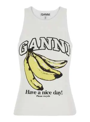 GANNI Sleeveless Top With Banana And Logo Print - Multicolor