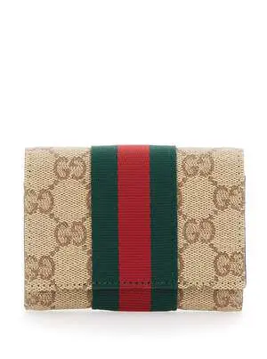 Gucci Beige Card Holder With Web Stripe And Gg All-over Motif In Fabric For - Multicolor