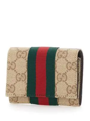 Gucci Beige Card Holder With Web Stripe And Gg All-over Motif In Fabric For - Multicolor