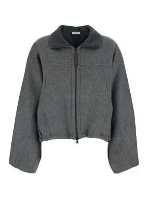 Brunello Cucinelli Gray Jacket With Mock Neck And Dropped Shoulders In Wool For - Multicolor