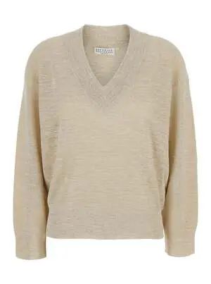Brunello Cucinelli Beige Linen Blend V-neck Sweater - Multicolor