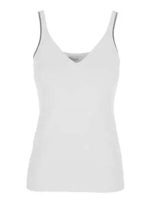 Brunello Cucinelli Cotton V-neck Tank Top With Monile Trim - Multicolor