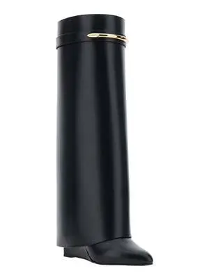Givenchy High Wedge Heel Leather Boots With Logo Plate - Black