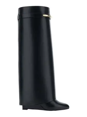 Givenchy High Wedge Heel Leather Boots With Logo Plate - Black