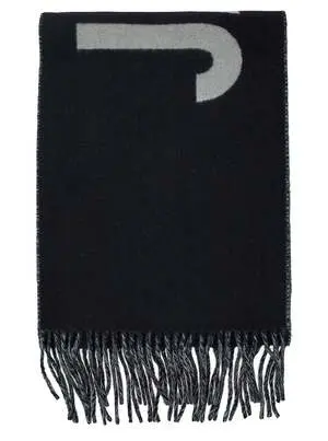 Jacquemus Scarf 'l'echarpe With Maxi Logo Lettering And Fringed Edge In Black Wool - Multicolor