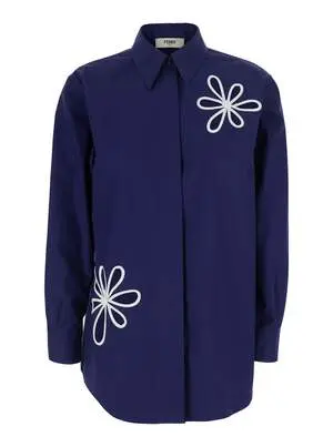Fendi Blue Shirt With Classic Collar And Floral Embroidery In Cotton For - Multicolor