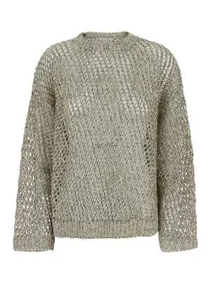 BRUNELLO CUCINELLI Brunello Cucinelli Women Metallic Round Neck Sweater With Net Knit And Dropped Shoulders In Silk And Linen For Women