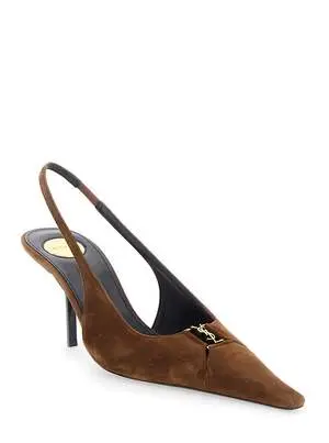 Saint Laurent Babylone Slingback Pumps With Cassandre Plate - Brown
