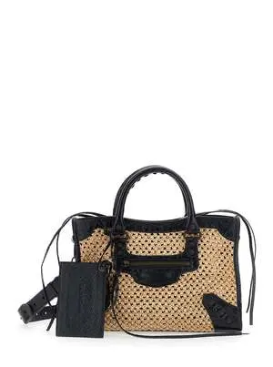 Balenciaga Le City Bag' Beige Small Handbag With Adjustable Shoulder Strap And Zip Pocket On The Front In Raffia And Leather For - Multicolor