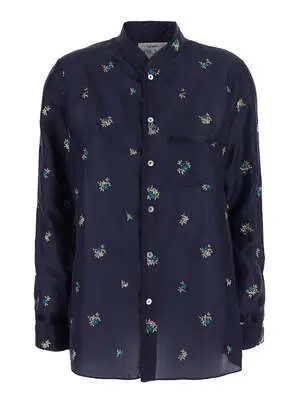 FORTE_FORTE Blue Shirt With Mandarin Collar And All-over Floral Embroidery In Silk For - Multicolor