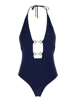 Gucci Blue One-piece Swimsuit With Horsebit Plaque On The Front And Drawstring Closure In Tech Fabric For - Multicolor