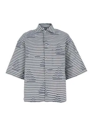 Jacquemus La Chemise Plage' Blue Bowling Shirt With Sailboat Stripe Motif In Cotton For - Multicolor