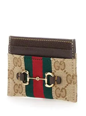 Gucci Beige Card Holder With Metallic Horsebit And Web Stripe In Fabric For
